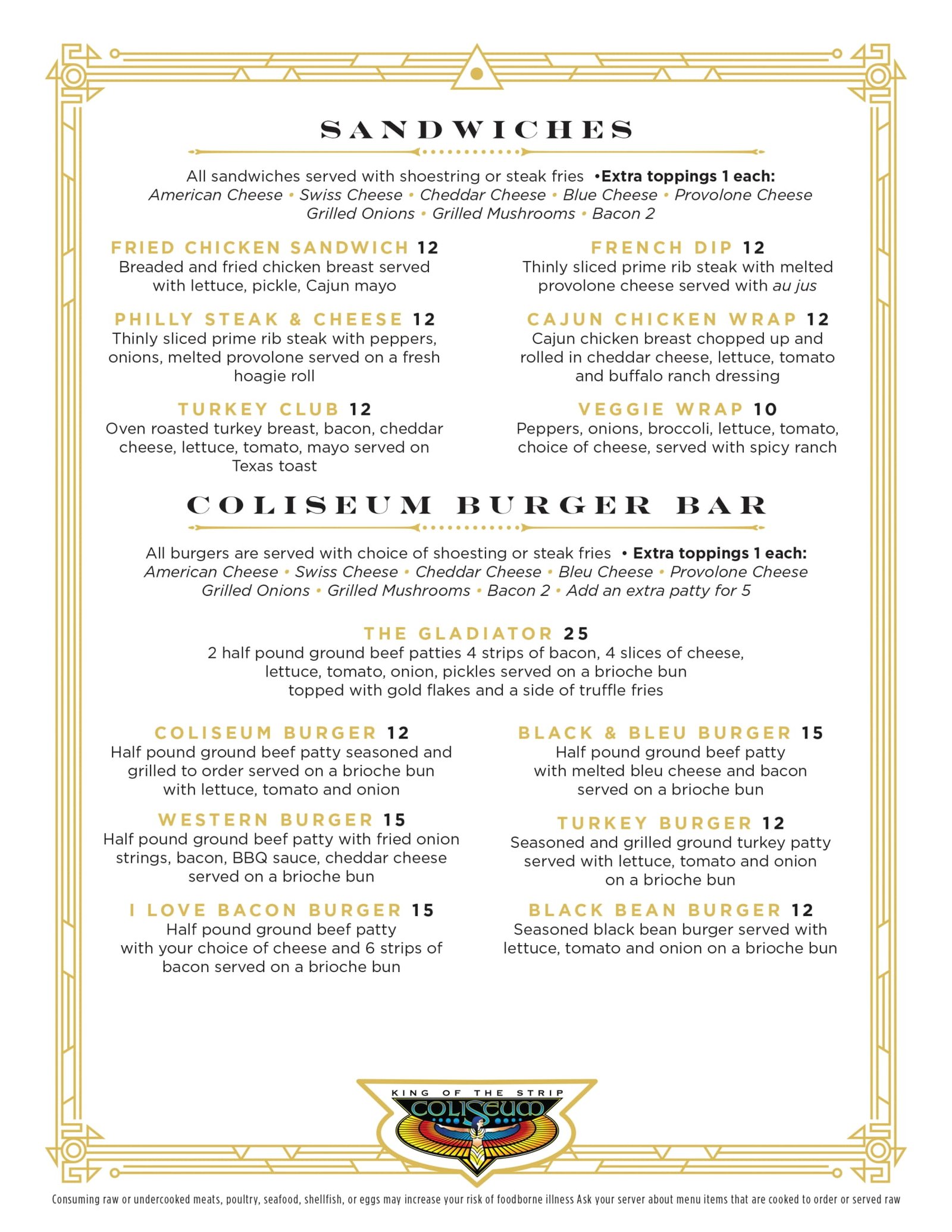 Food Menu | Coliseum Detroit | King Of The Strip